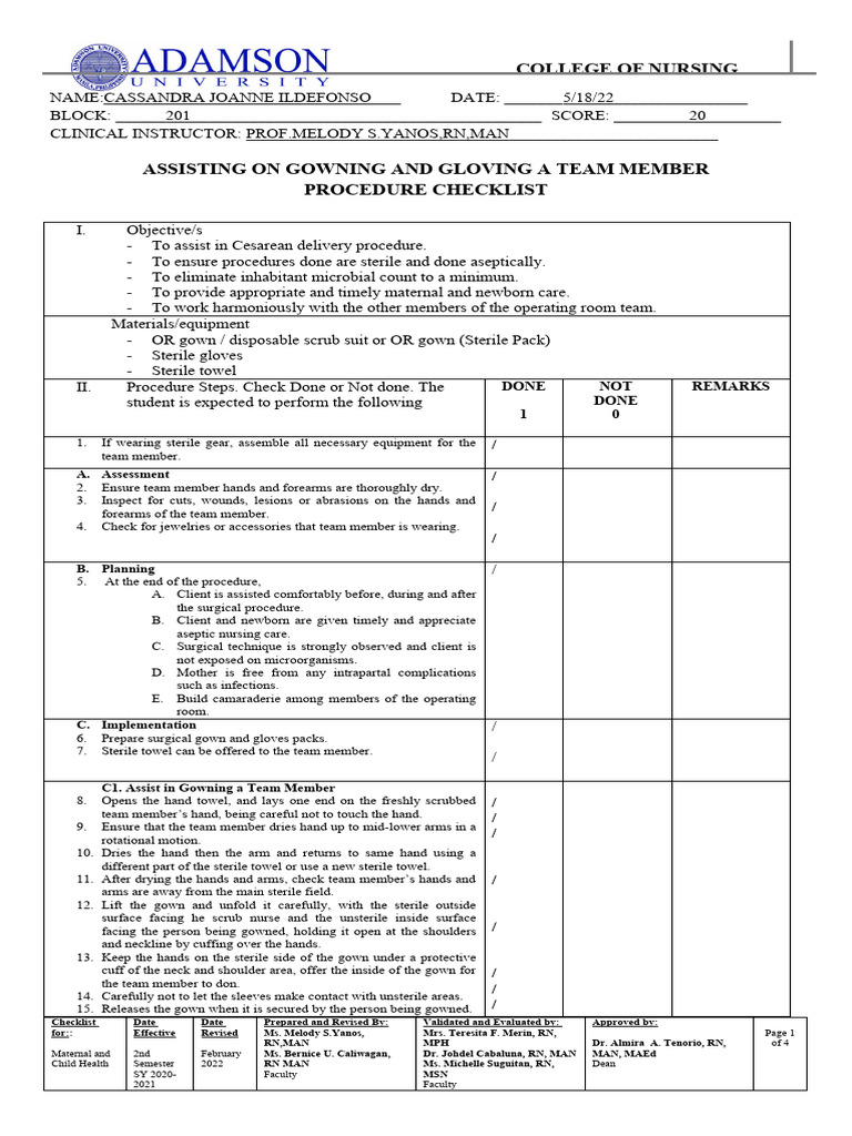Gowning and Gloving Assistance Checklist | PDF