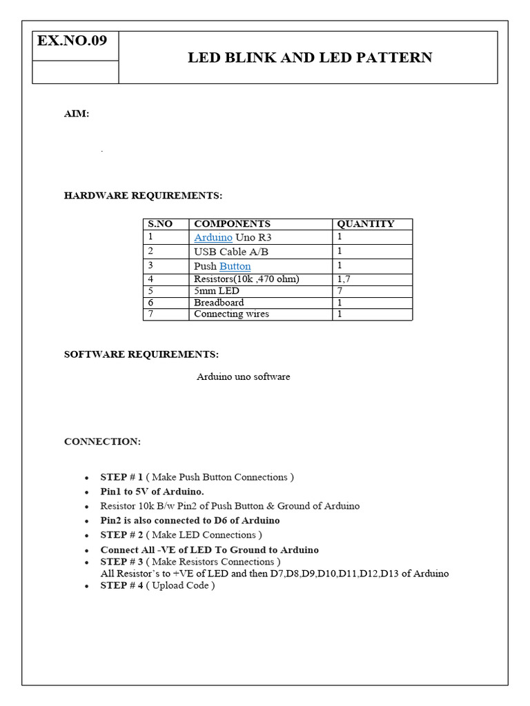 Ex No 09 Led Blink And Led Pattern Arduino Button Download Free Pdf Arduino Electrical