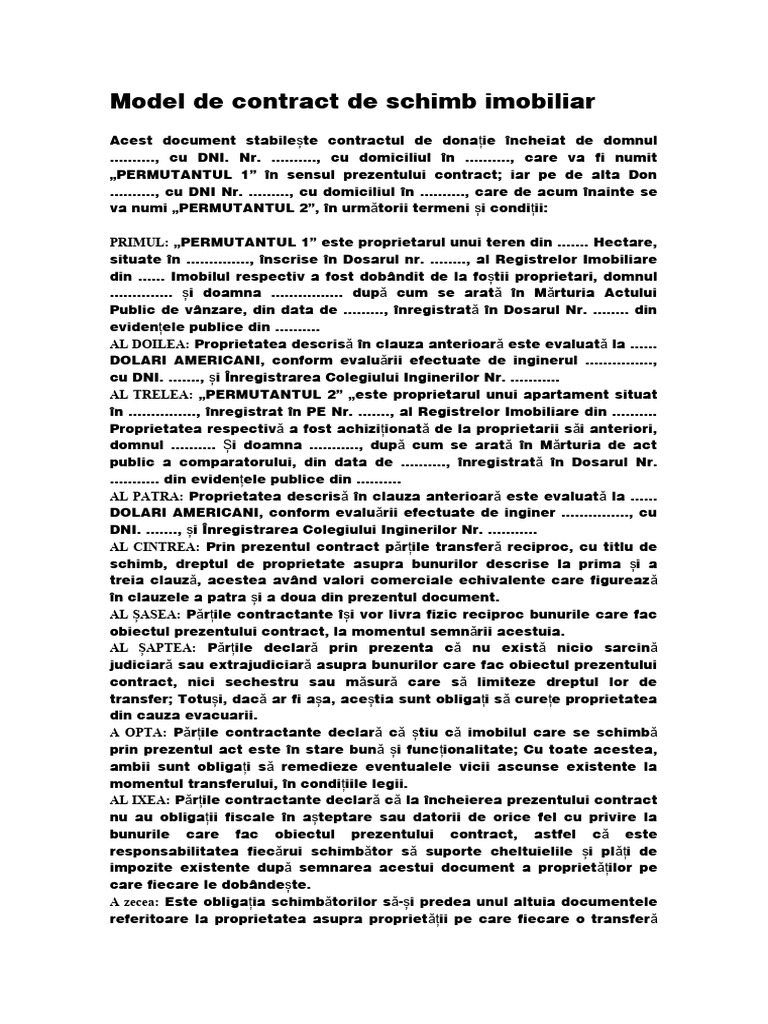 Model de Contract de Schimb Imobiliar | PDF