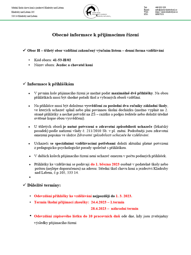 Obecne Informace K Prijimacimu Rizeni 2023 2024 | PDF