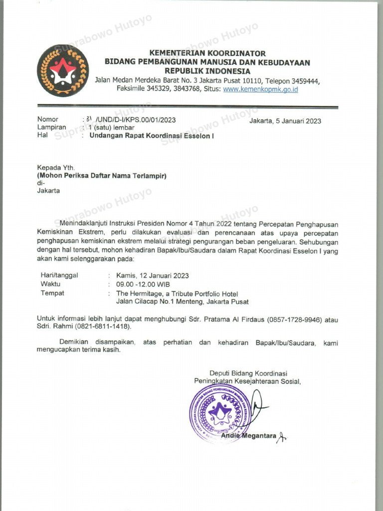 31 UND D I KPS 00 01 2023 Undangan Rapat Koordinasi Eselon I Percepatan Penghapusan Kemiskinan ...