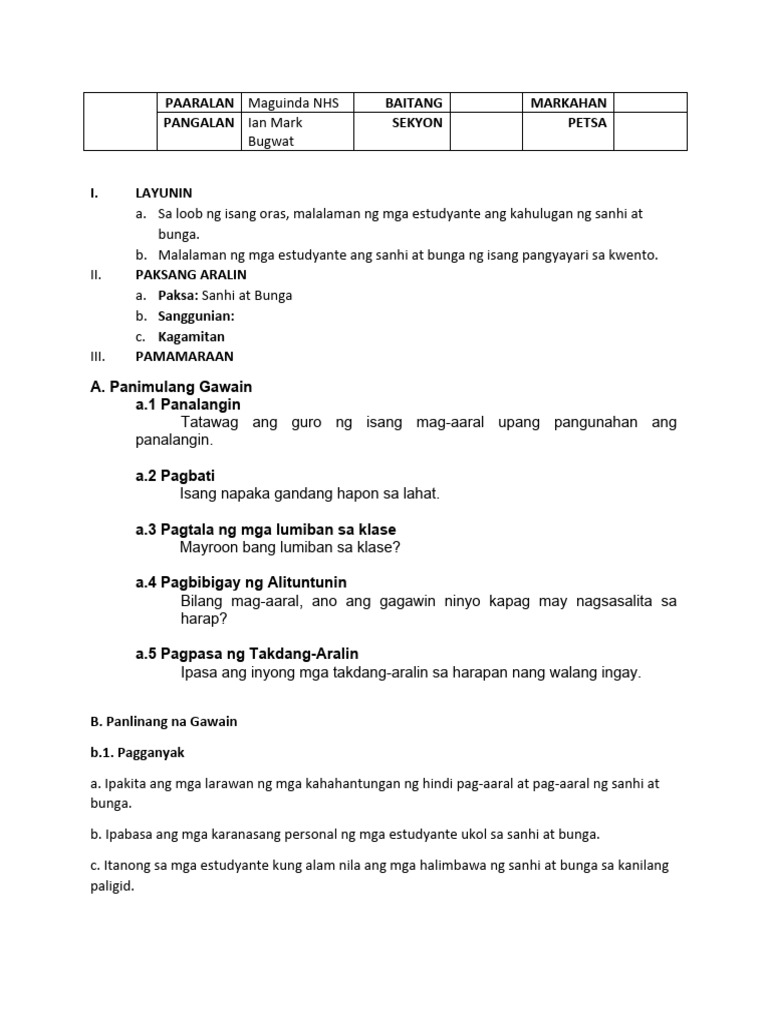 Sanhi at Bunga Lesson Plan | PDF Sanhi at Bunga Lesson Plan | PDF