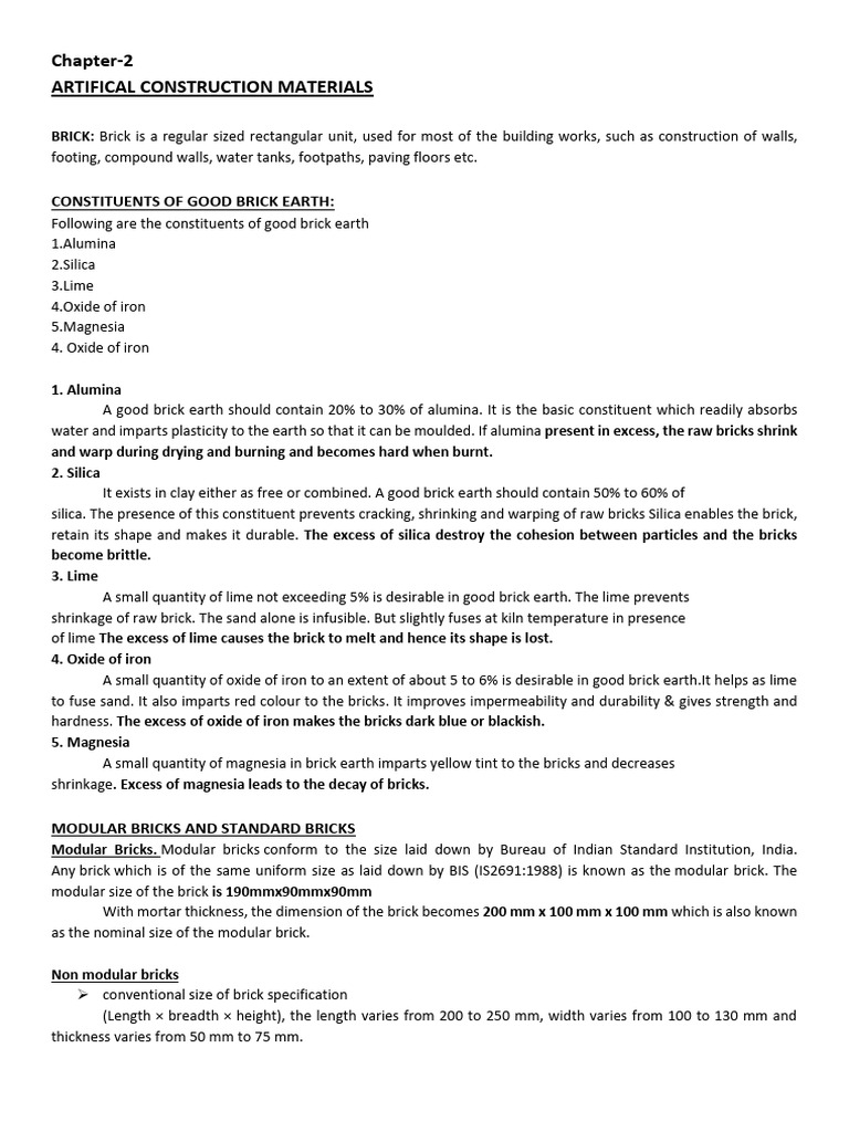 Artificial Construction Materials Notes | PDF | Brick | Tile