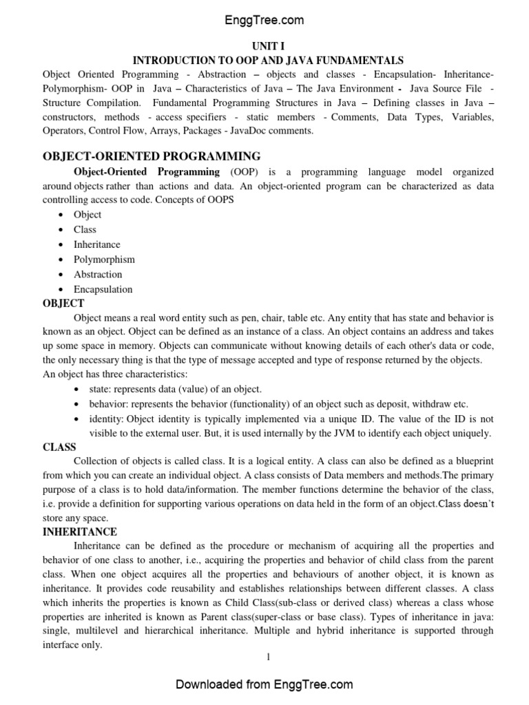 Cs3391 Object Oriented Programming Lecture Notes 1 Pdf