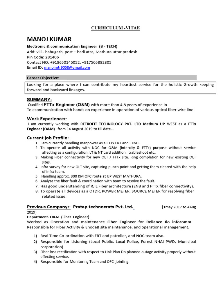 Manoj Kumar CV | PDF | Optical Fiber | Fiber To The X