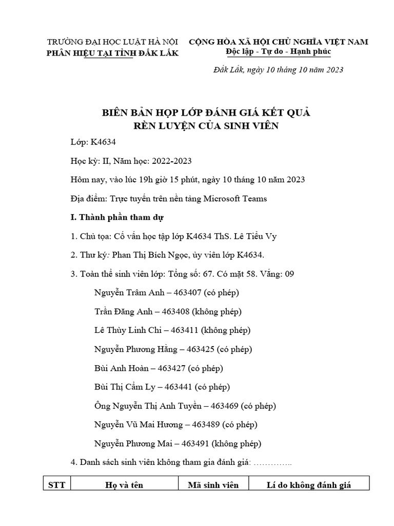 Bien Ban Hop Lop Danh Gia Ket Qua Ren Luyen L P 4634 | PDF