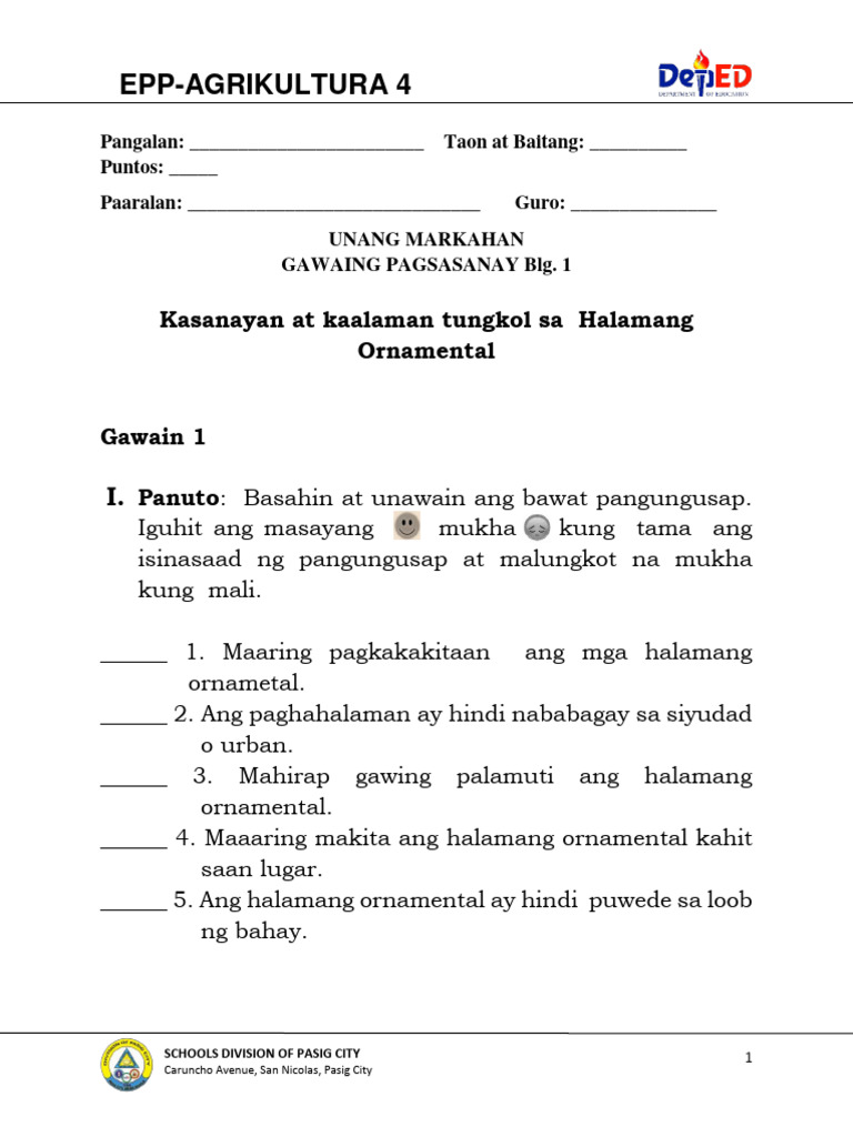 Epp 4 - Agri - Q1 - DW1 | PDF