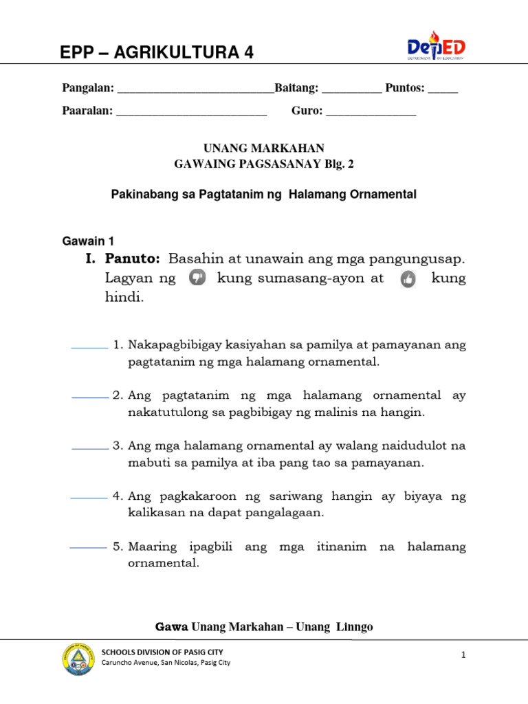Epp 4 - Agri - Q1 - DW2 | PDF