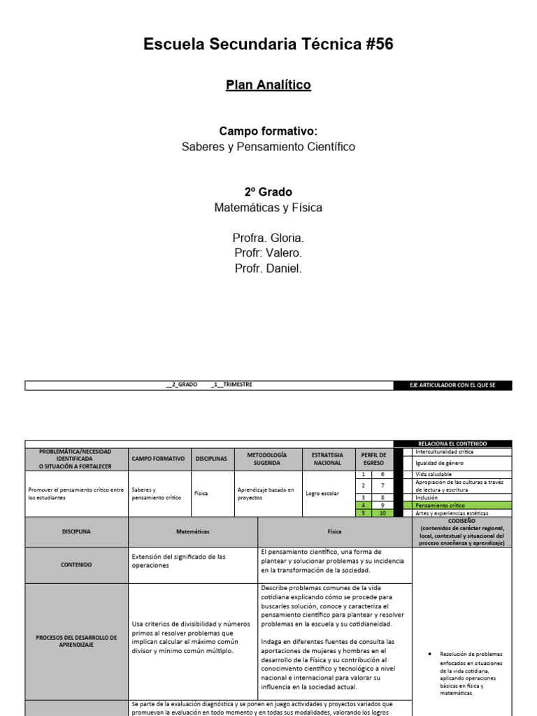 Plan Analítico 2° Ciencias y Matematicas | PDF | Evaluación | Pensamiento