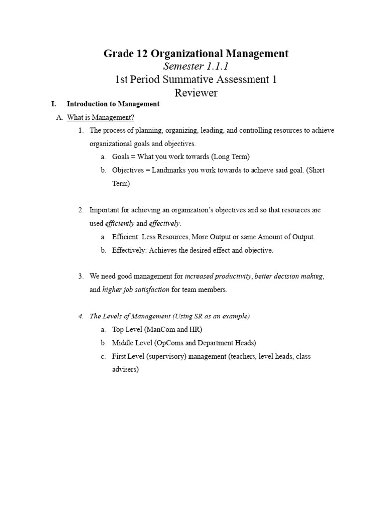 Sem 1 Period 1 SA 1 - 12 Organizational Management Reviewer 1 | PDF ...