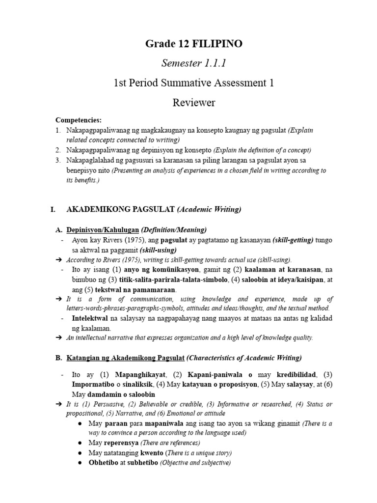12 Filipino Semester 1 Period 1 Summative Assessment 1 Reviewer | PDF
