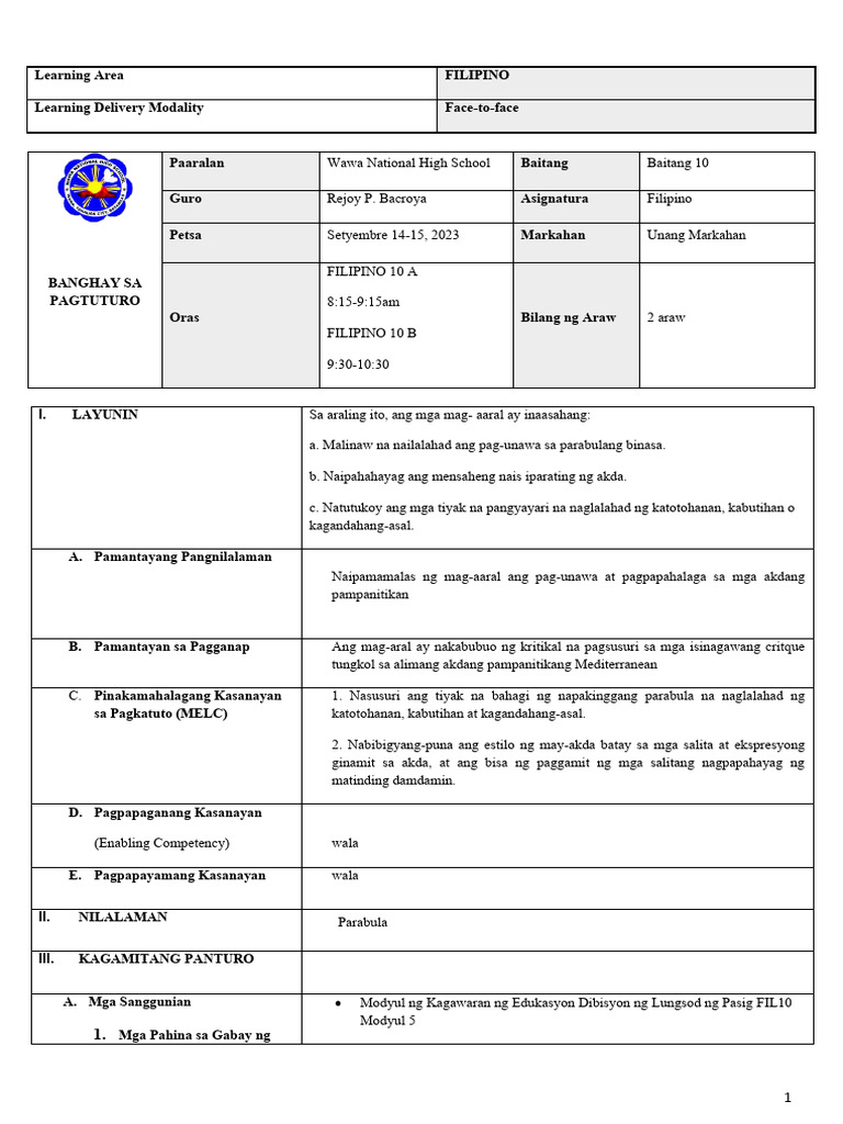 LESSON PLAN TEMPLATE -FILIPINO 10 5 | PDF
