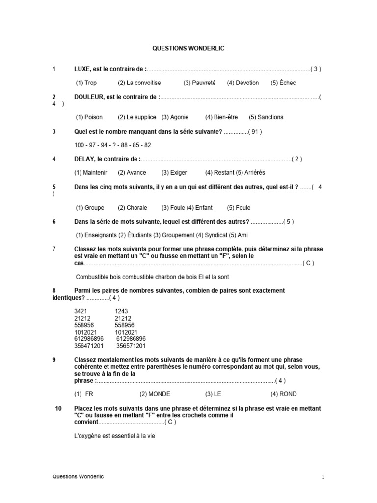 Feuille de Réponses Wonderlic | PDF | Histoire