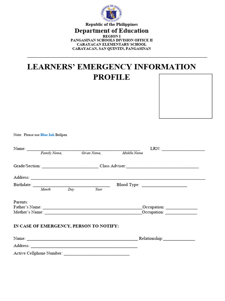 Learners' Emergency Info Profile 2023-2024 | PDF