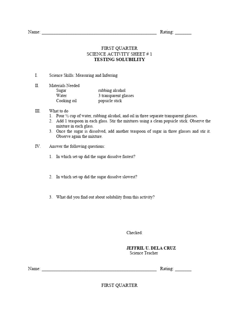 Science 6 Activity Sheet First Quater | PDF | Water | Mixture