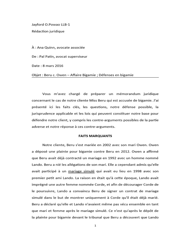 Exemple de Mémorandum Juridique | PDF | Mariage | Compétence