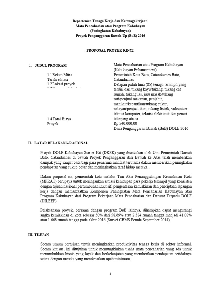 Proposal Proyek-2016 Mata Pencaharian BuB-DOLE Atau Program Kabuhayan | PDF