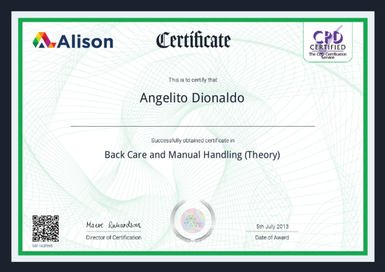 Alison Certificate Back Care and Manual Handling (Theory) | PDF | Wellness