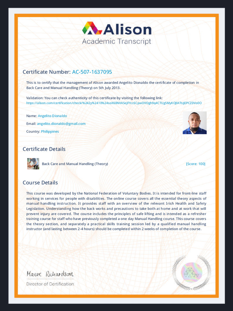 Back Care & Manual Handling Certificate | PDF