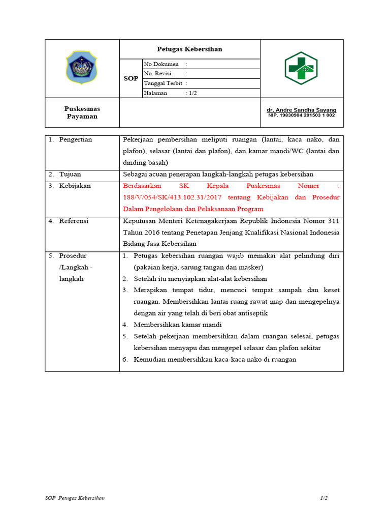 Sop Petugas Kebersihan Pdf