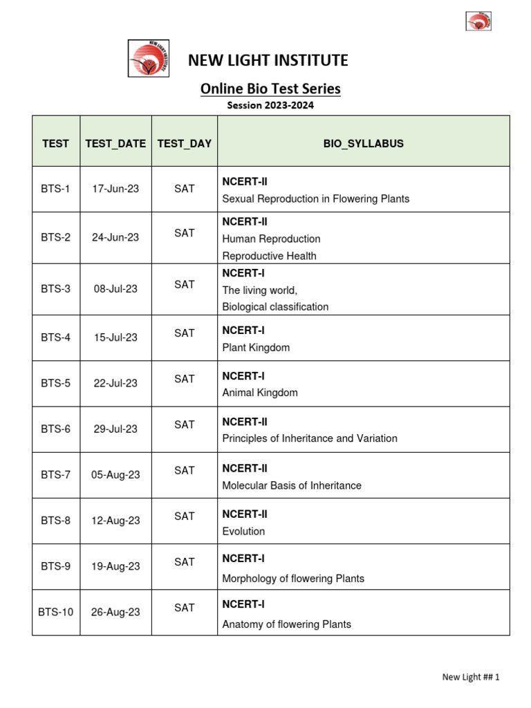 BTS Schedule 2023-24 | PDF | Plants | Biotechnology