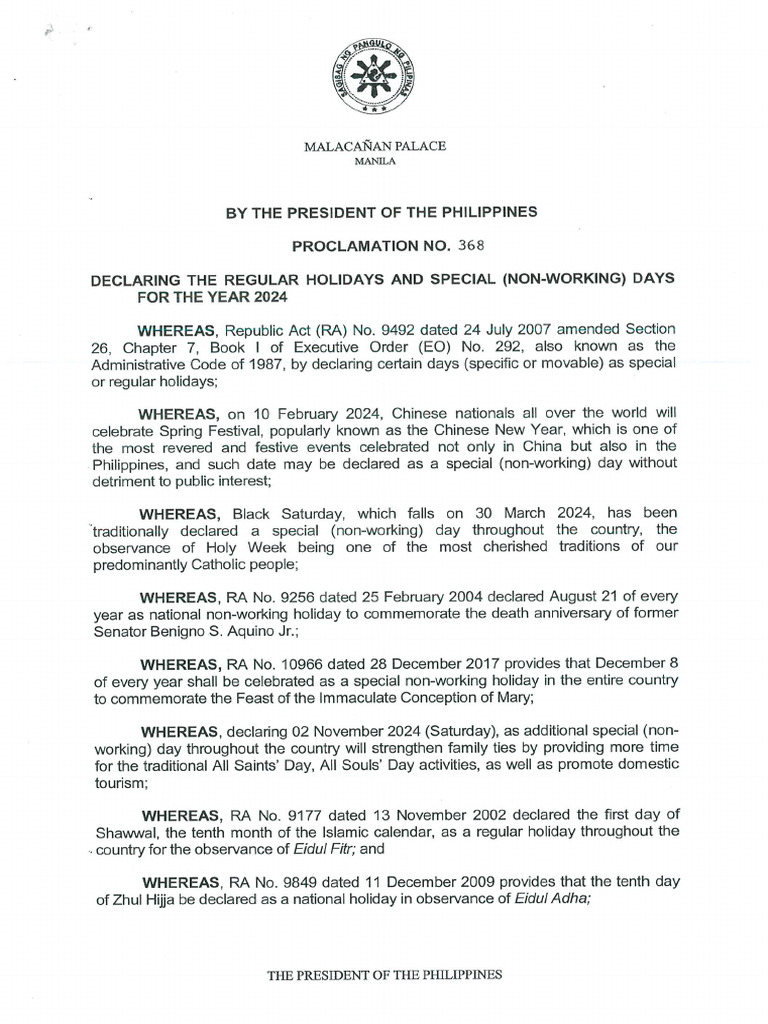 Proclamation No. 368 Holidays 2024 | PDF
