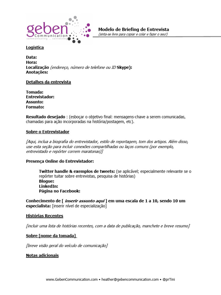 Modelo de Briefing para Entrevista Com A Mídia Da Heather Whaling | PDF ...