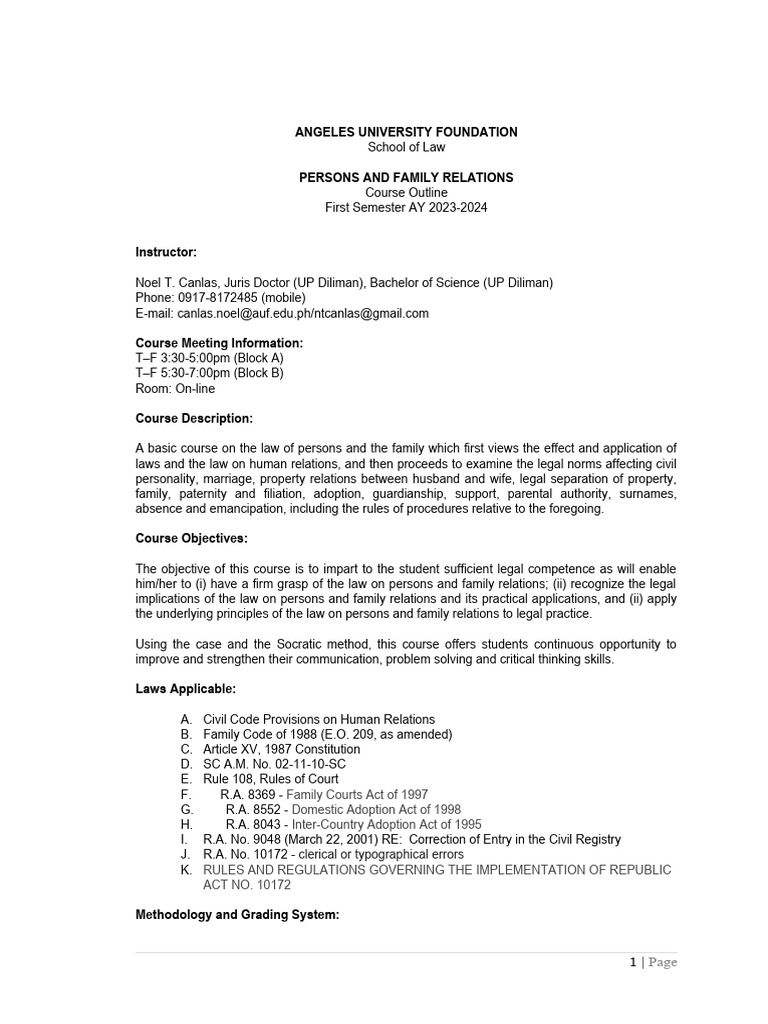 Persons Syllabus 2023 1st Semester | PDF | Annulment | Justice