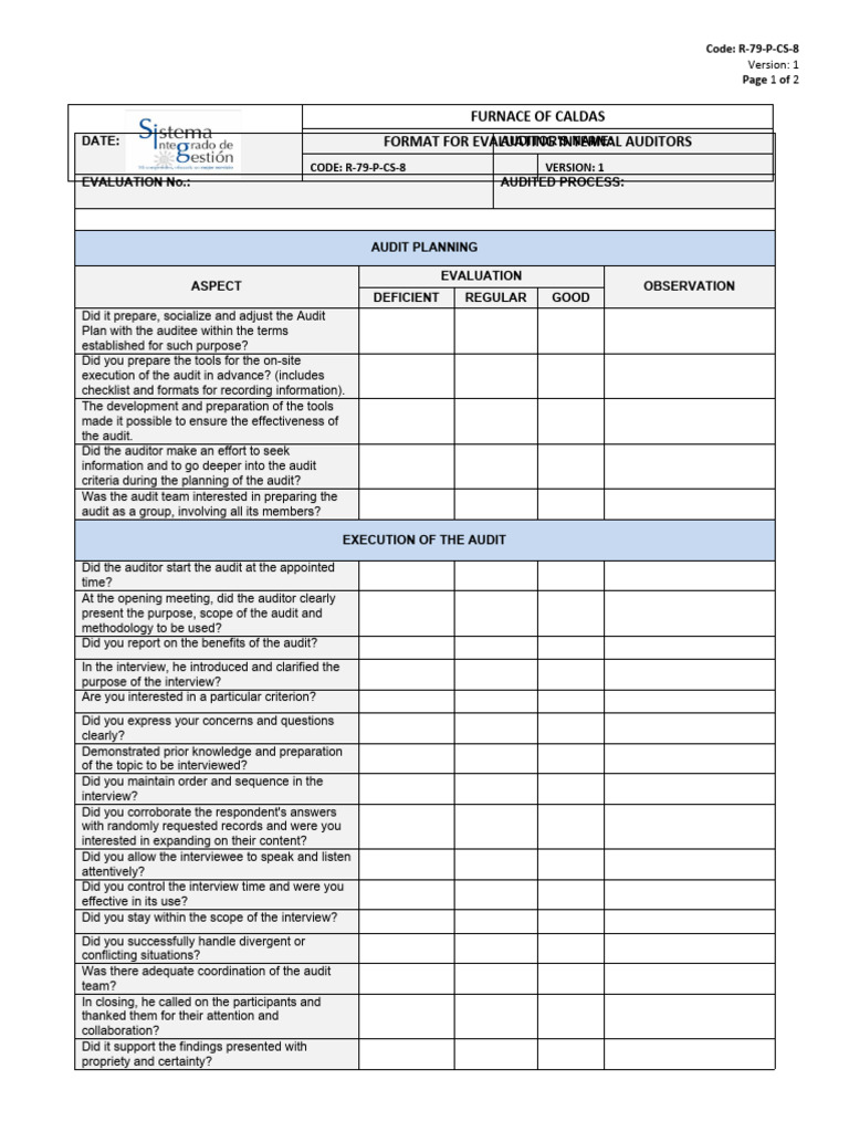 Format To Evaluate Internal Auditors | PDF | Audit | Evaluation