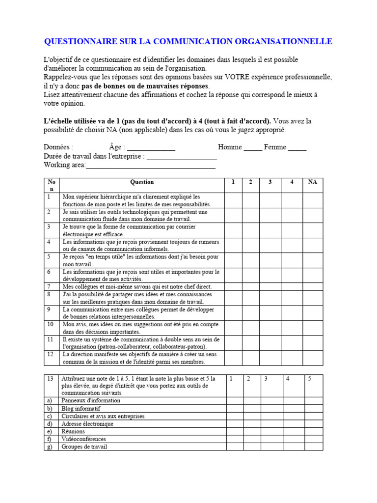 Questionnaire de Communication Organisationnelle | PDF