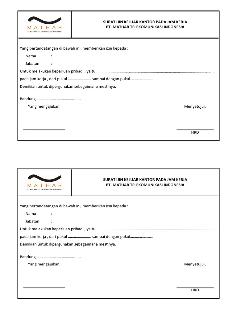 Surat Ijin Keluar Kantor Pada Jam Kerja | PDF