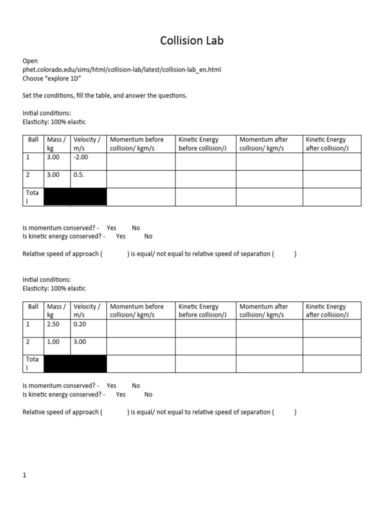 1D Collision Lab Worksheet Guide | PDF | Collision | Momentum