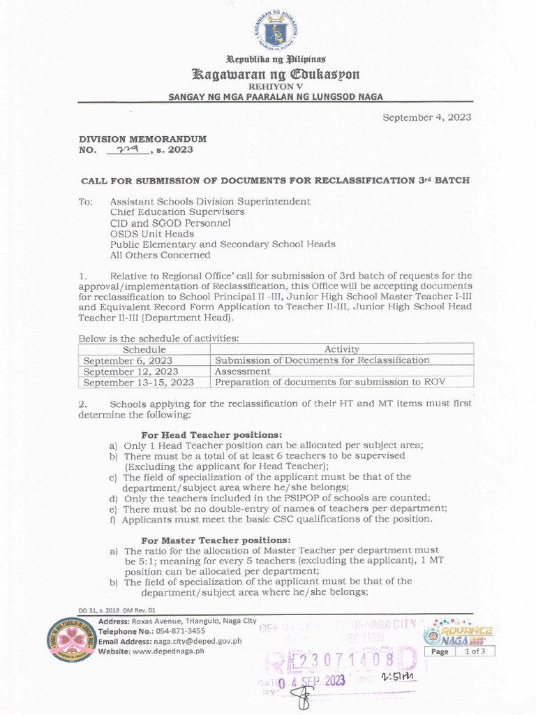 DM No. 229 S. 2023 Call For Submission of Documents For Reclassification 3rd Batch | PDF