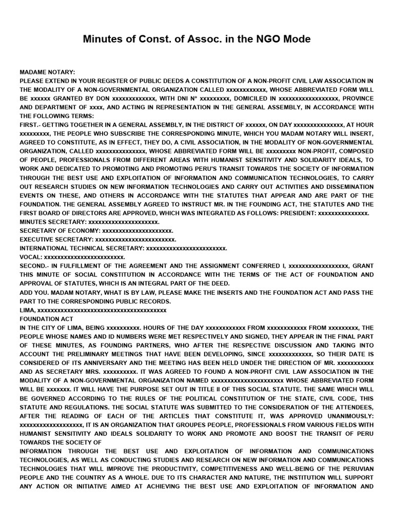 NGO Constitution Act Model | PDF | Board Of Directors | Presidents Of ...