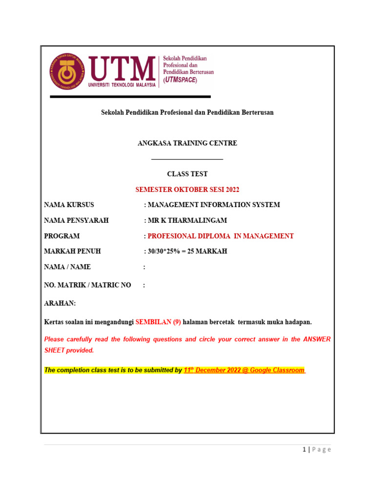 Class Test Questions Ver5 | PDF | Business | Information Science