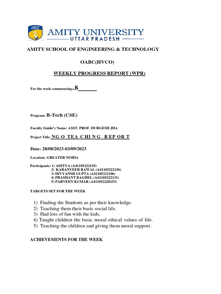 Amity School of Engineering & Technology Oabc (Hvco) Weekly Progress Report (WPR) | PDF ...