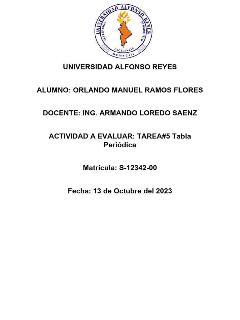 TAREA 5 QUIMICA | PDF | Tabla periódica | Química