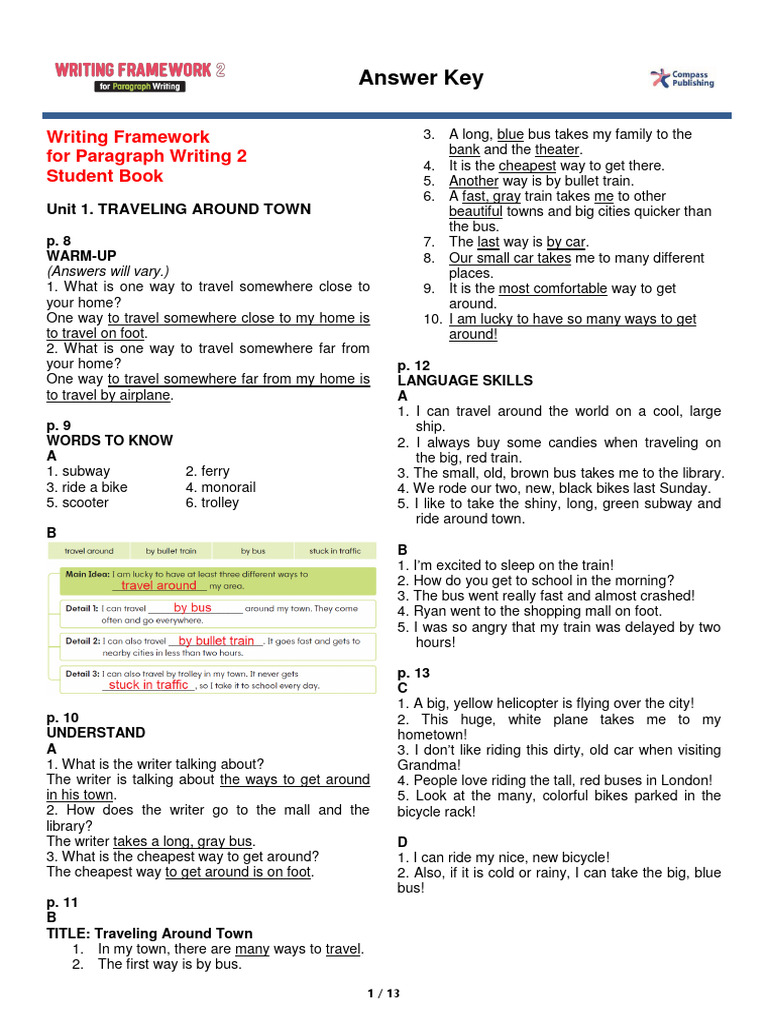 Writing Framework For Paragraph Writing 2 - Answer Key | PDF | Bedroom ...