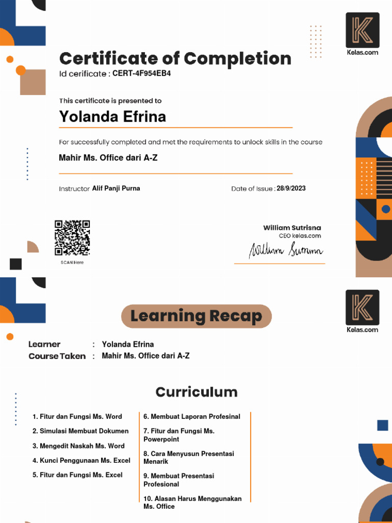 Yolanda Efrina's-Mahir Ms. Office Dari A-Z-Completion-Certificate | PDF