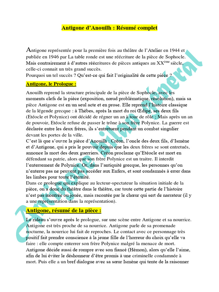 Antigone d'Anouilh : Résumé et Analyse | PDF | Sophocle | Mythologie de ...