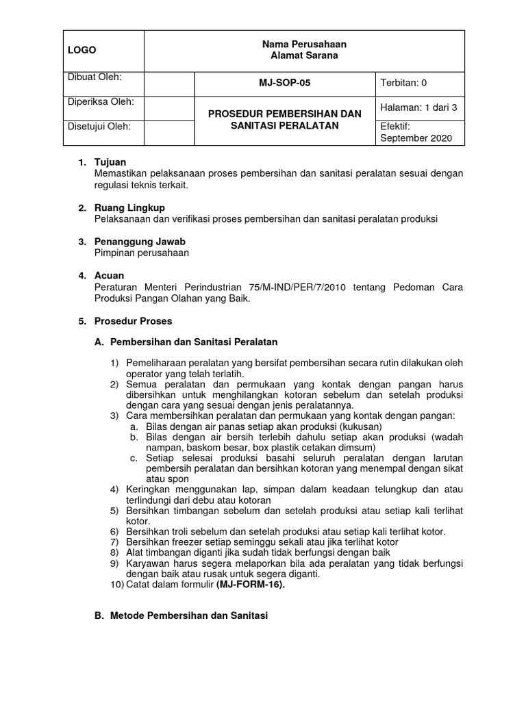 SOP-05 - Prosedur Sanitasi Peralatan | PDF