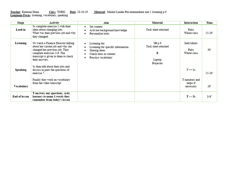 TOEIC Market Leader 3rd Ed. Unit 1 Listening p.9 Lesson Plan | PDF ...