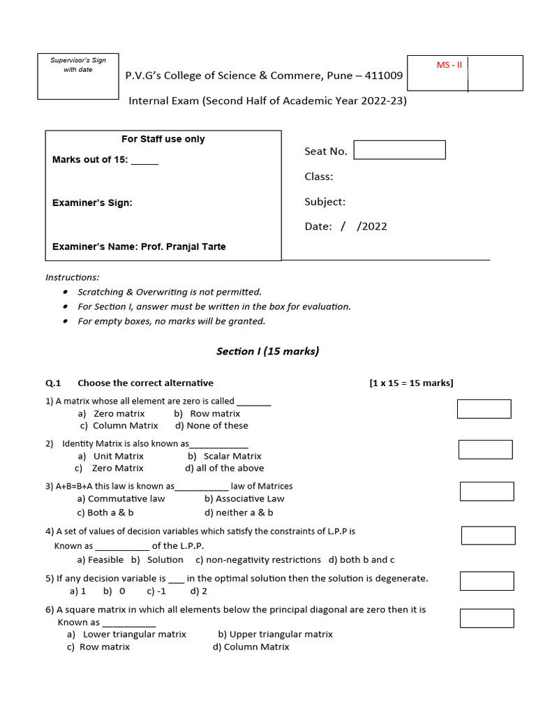 Question Paper Internal FYBCOM | PDF | Matrix (Mathematics ...