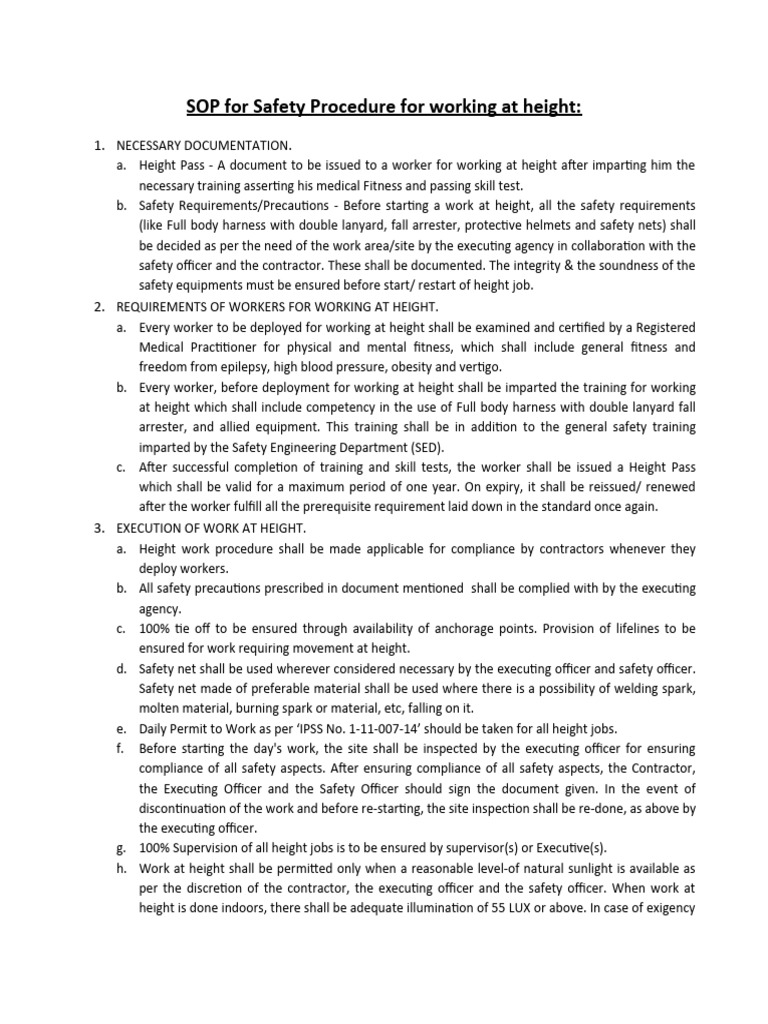 SOP For Safety Procedure For Working at Height | PDF | Safety | Lighting