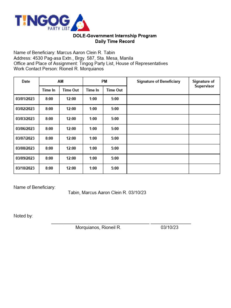 DOLE-Government Internship Program Daily Time Record | PDF