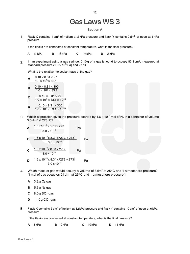 Gas - Laws - WS 3 | PDF | Pressure | Gases