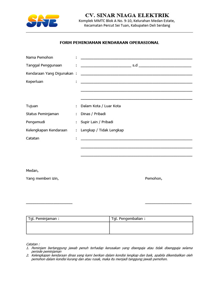 Formulir Peminjaman Kendaraan Dinas | PDF