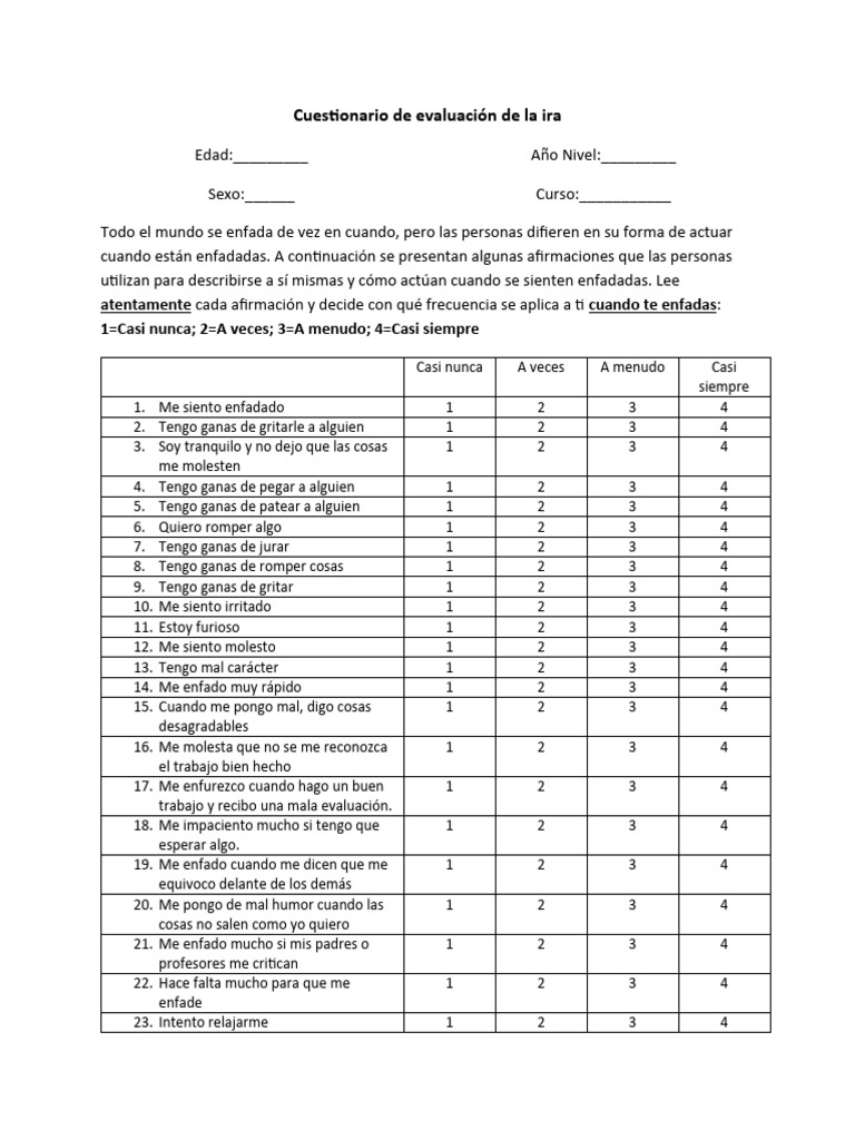 Cuestionario de Evaluación de La Ira | PDF | Ira