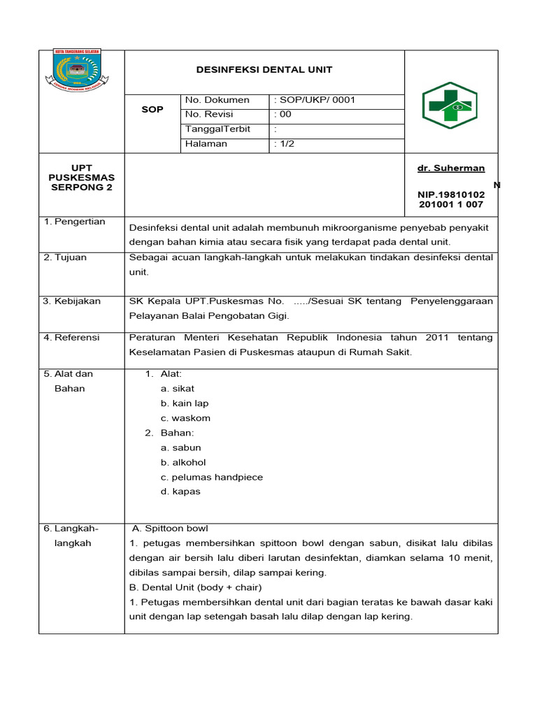 Prosedur Desinfeksi Dental Unit | PDF | Kesehatan Holistik | Sains & Matematika