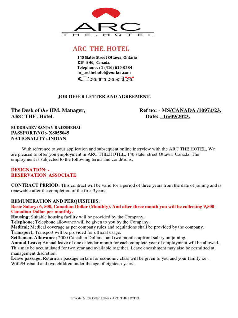 Employee-Arc the.hotel (Job Offer Letter & Agreement) - Buddhadev ...